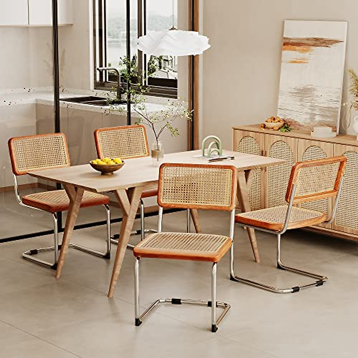 Alunaune Mid Century Modern Dining Chairs Set of 4, Upholstered Natural Rattan Kitchen Chairs Accent Chair, Armless Side Chairs with Metal Chrome Legs for Bedroom Living Room-Rattan Seat
