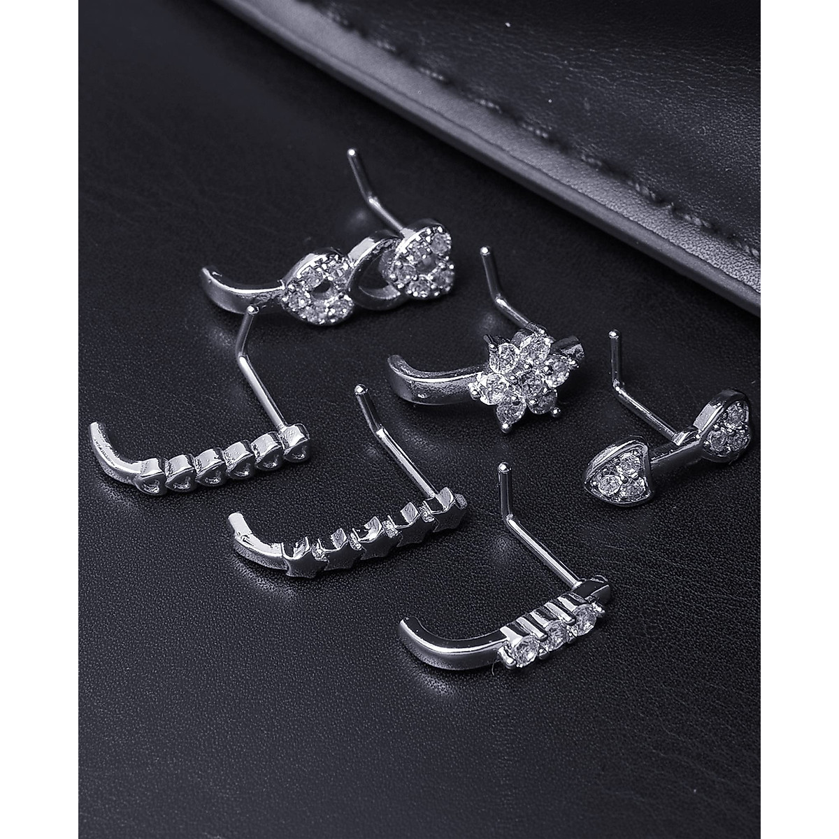 Akeoqi 6Pcs Nose Studs Nose Ring Inlaid Cubic Zirconia L Shaped Studs Lotus Star Heart Nose Nostril Piercing Jewelry for Women Men Sliver Tone 20G