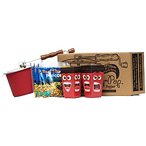 Original Whirley Pop Starter Pack - Wabash Valley Farms Popcorn Kit, Whirley Pop Popcorn Maker With 3 Movie Theater Popcorn Kits and 4 Movie Night Face Tubs, Gourmet Popcorn Gift Sets (Metal Gear-Red)