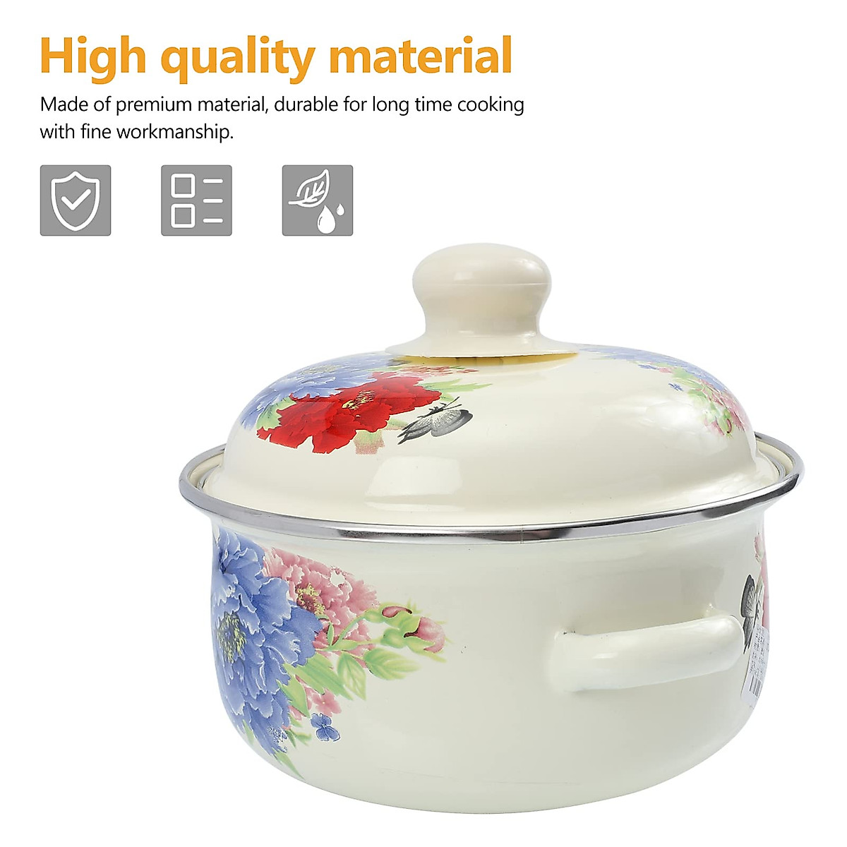YARNOW Household Soup Pot Enamel Stock Pot with Lid, 1PC Enamel Pot Flowers Enamel Cooking Pot Enameled Pot, Blue Household Kitchenware