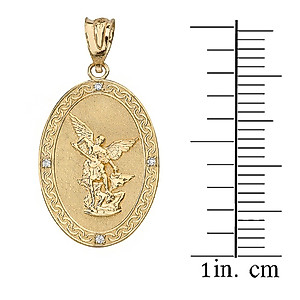 10K Yellow Gold Diamond Accented 1” Oval Saint Michael The Archangel Medal Pendant (G-H Color, SI1-SI2 Clarity)