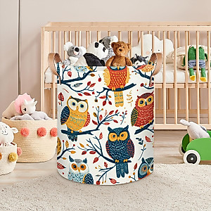 Tablerazzi Laundry Hamper Owl Colorful Large Collapsible Laundry Baskets Waterproof Clothes Hamper with Leather Handles for Bedroom, Bathroom, Dorm, Toys