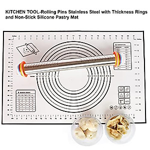 Adjustable Rolling Pin with Thickness Rings for Baking, Stainless Steel Desgins Dough Roller Pins with Silicone Pastry Nonstick Mat for Cookie Decorating Baking Supplies Fondant Cake Baker Gift