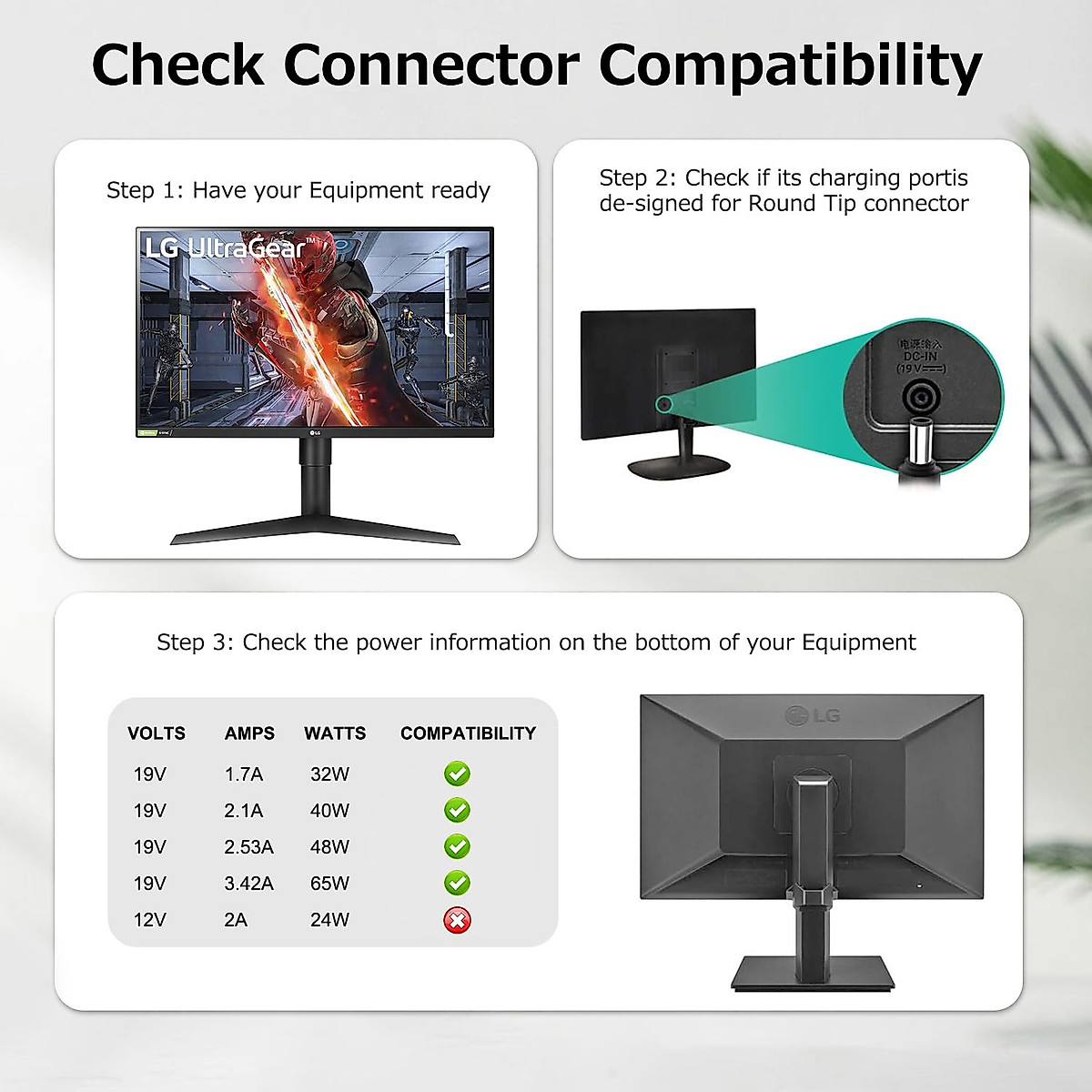 HKY 19V AC DC Adapter Compatible with LG 34" 32" 27" 24" 23" 22" 20" 19" LCD LED HD TV Monitor Widescreen LG 32ML600M-B 24MP400-B 27MP400-B 34WP65C-B 29WP60G-B 27GL83A-B 24GN600-B 34WN80C-B 24MP60G-B