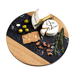 12inch Marble Cheese Board with Acacia Wood Accent - Charcuterie Board for Two - Round Marble and Wood Cheese Board - Marble Cutting Board