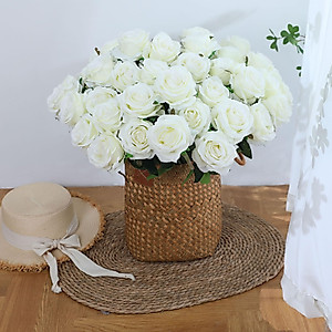 Fake Roses Artificial Silk Flowers - 12 Pcs White Roses Artificial Faux Flowers with Stems for Home Wedding Centerpiece Hotel Office Decor