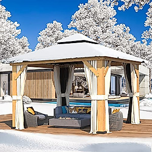 EROMMY 11'x11' Solid Wood Gazebo, Outdoor Hardtop Gazebo Pavilion with Netting and Curtains, Spruce Wooden Frame Double Roof Metal Canopy for Patio Backyard Deck Garden
