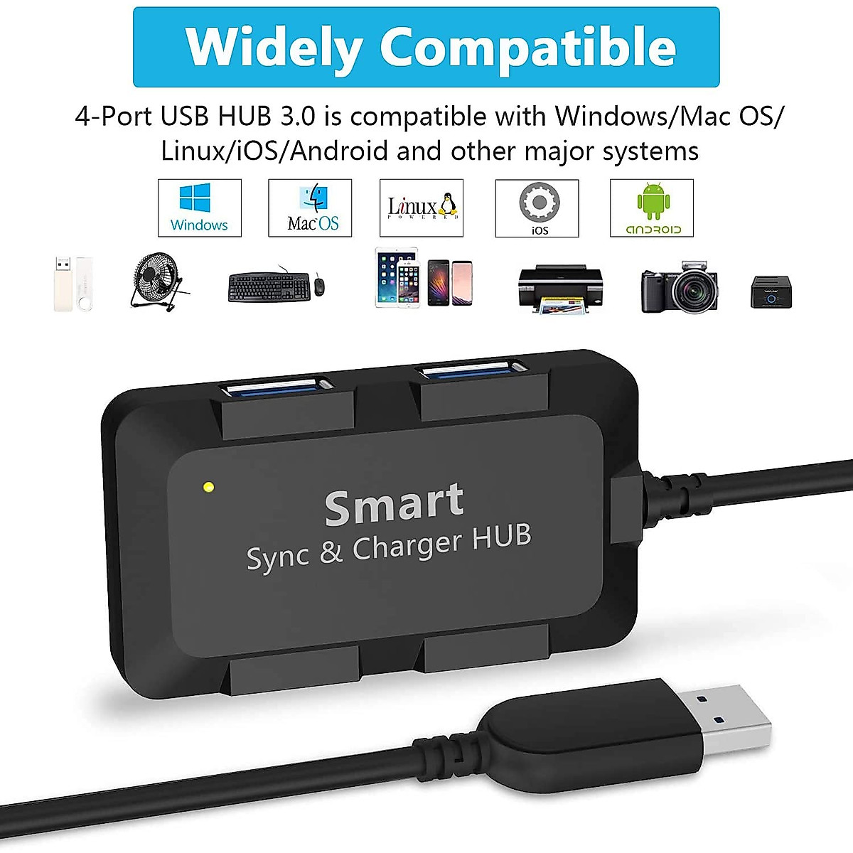 Portable USB Splitter 3.0 Hub 4-Port Expander 5 Gbps Data Ps4 Keyboard and Mouse Adapter with Cable Fitting Slot & LED Indicator for PC,Computer,Notebook,USB Flash Drives and Other Devices