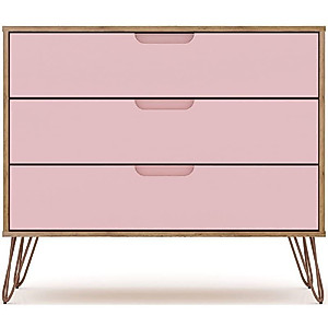 Manhattan Comfort Rockefeller Mid-Century Modern 3-Drawer Bedroom Dresser, Natural, Rose Pink Finish