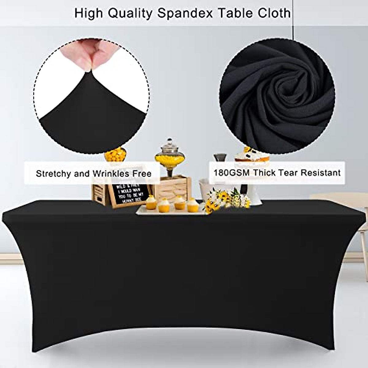 Nobed HHT 4 Packs Black Spandex Table Cloth for 6 Foot Rectangle Folding Tables, Wrinkles-Free Stretchable Black Spandex Table Covers for Party Birthday Picnic Receiption Event Displays