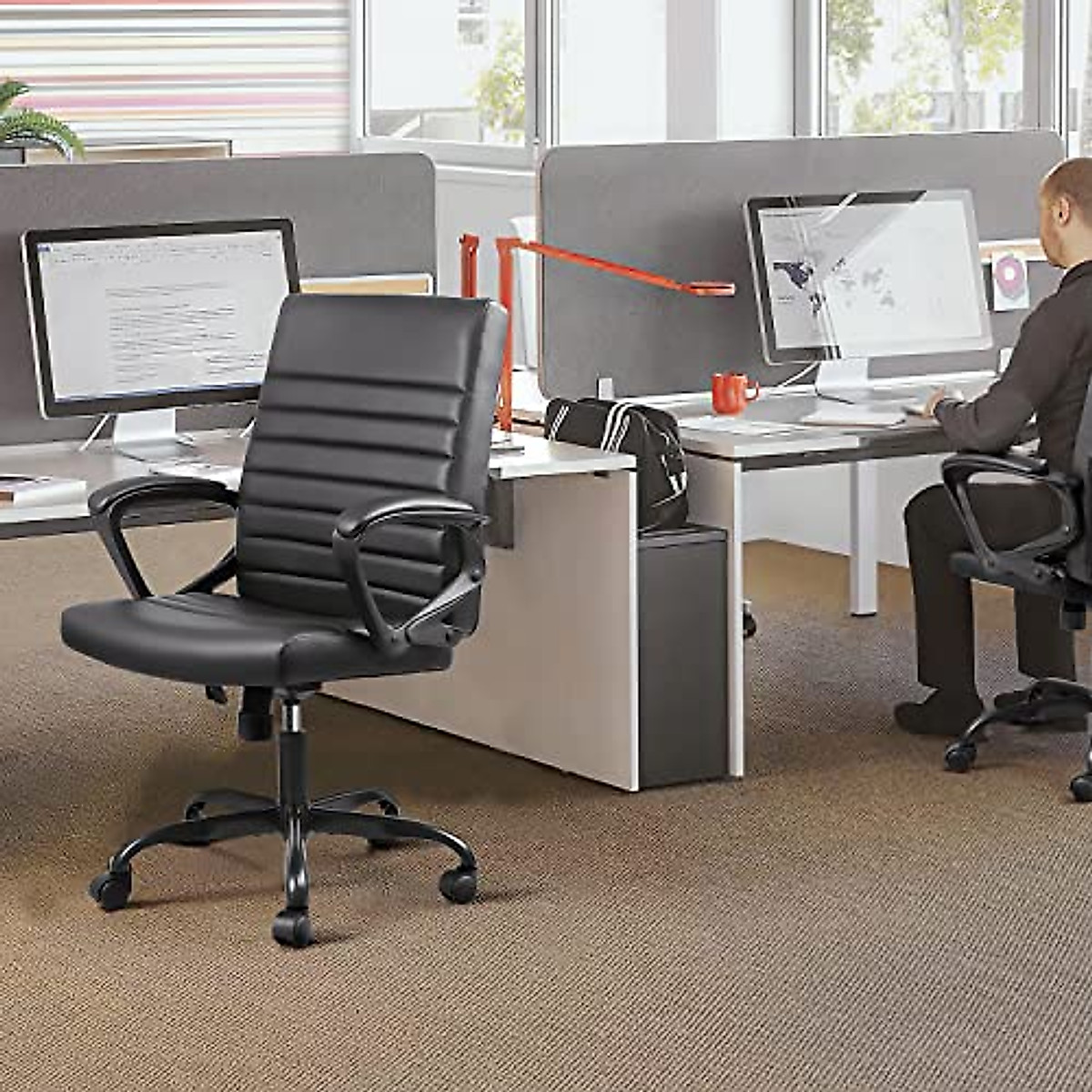 Devoko Office Chair Mid Back Desk Chair PU Leather Executive Office Chair Ribbed Computer Task Chair Swivel Rolling Chair with Padded Arms and PU Wheels, Black