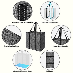 BALEINE 4 PK Grocery Bags Reusable Shopping Bags with Reinforced Bottom, Heavy Duty Foldable Tote Bags (Grey)