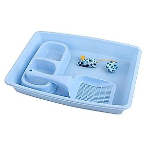 PAWISE Kitty Litter Box Set Includes 4-Pieces - Shallow Cat Litter Pan, Cat Litter Scooper, Cat Bowls, Cat Mouse Toy, 14.5x10.5 Inches, Blue