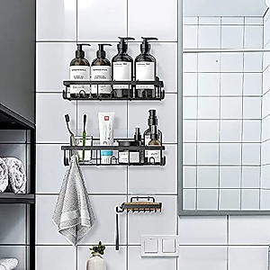 Woseito 3-Pack Shower Caddy, Adhesives Bathroom Organizers With Soap Dish Holder， No Drilling Shower Shelf, Stainless Steel Shower Rack With Hooks, Mounted for Bathroom & Toilet Table (Matte Black)