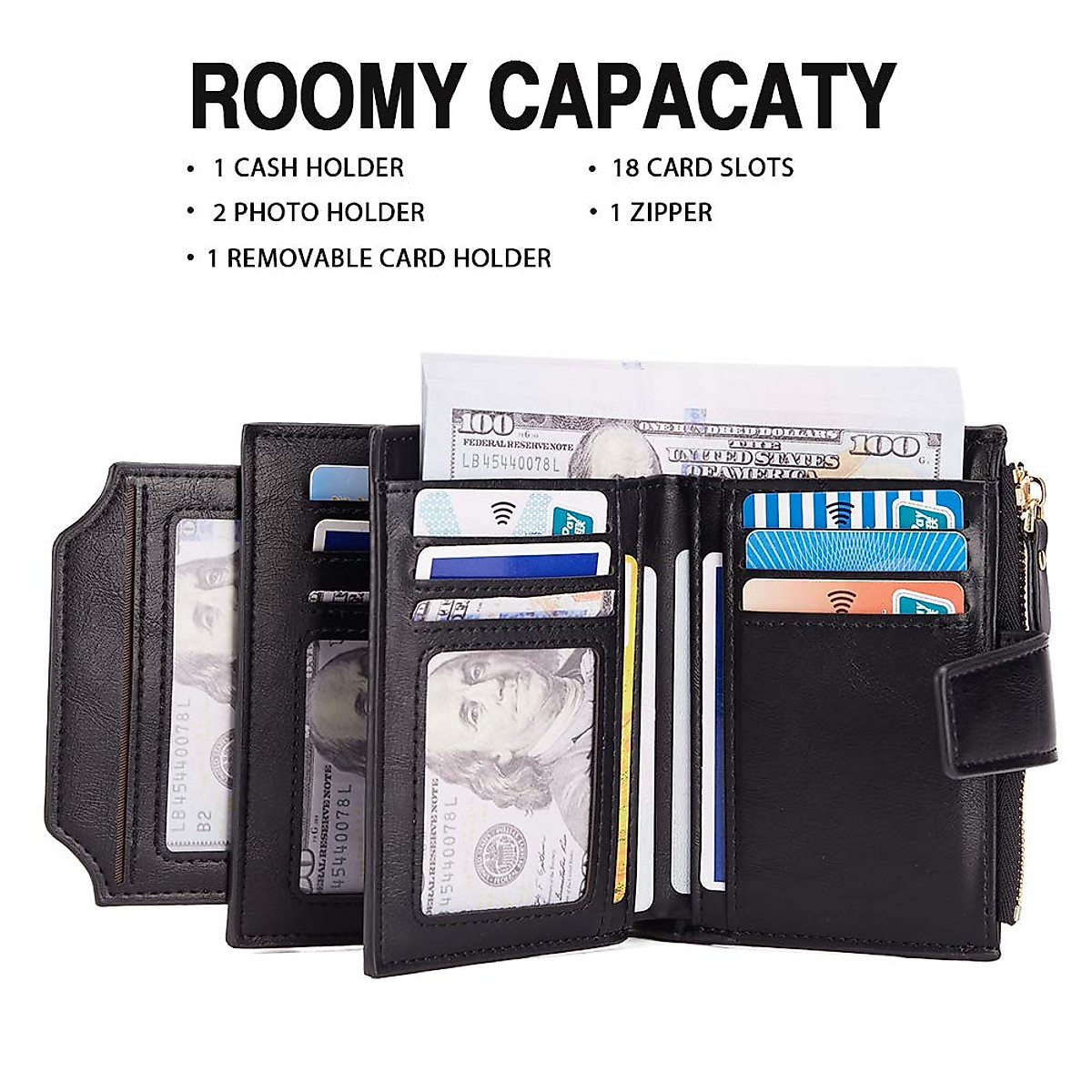 ZLONUBEY Small Wallet for Women RFID Blocking Leather Bifold Men Wallet with ID Window Women Wallets (Black)