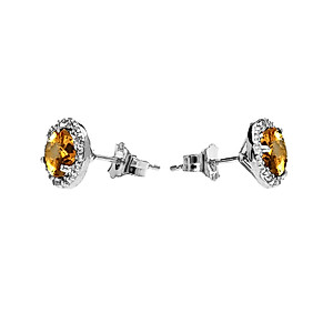 Halo Stud Earrings in 14K White Gold with Solitaire Citrine and Diamonds