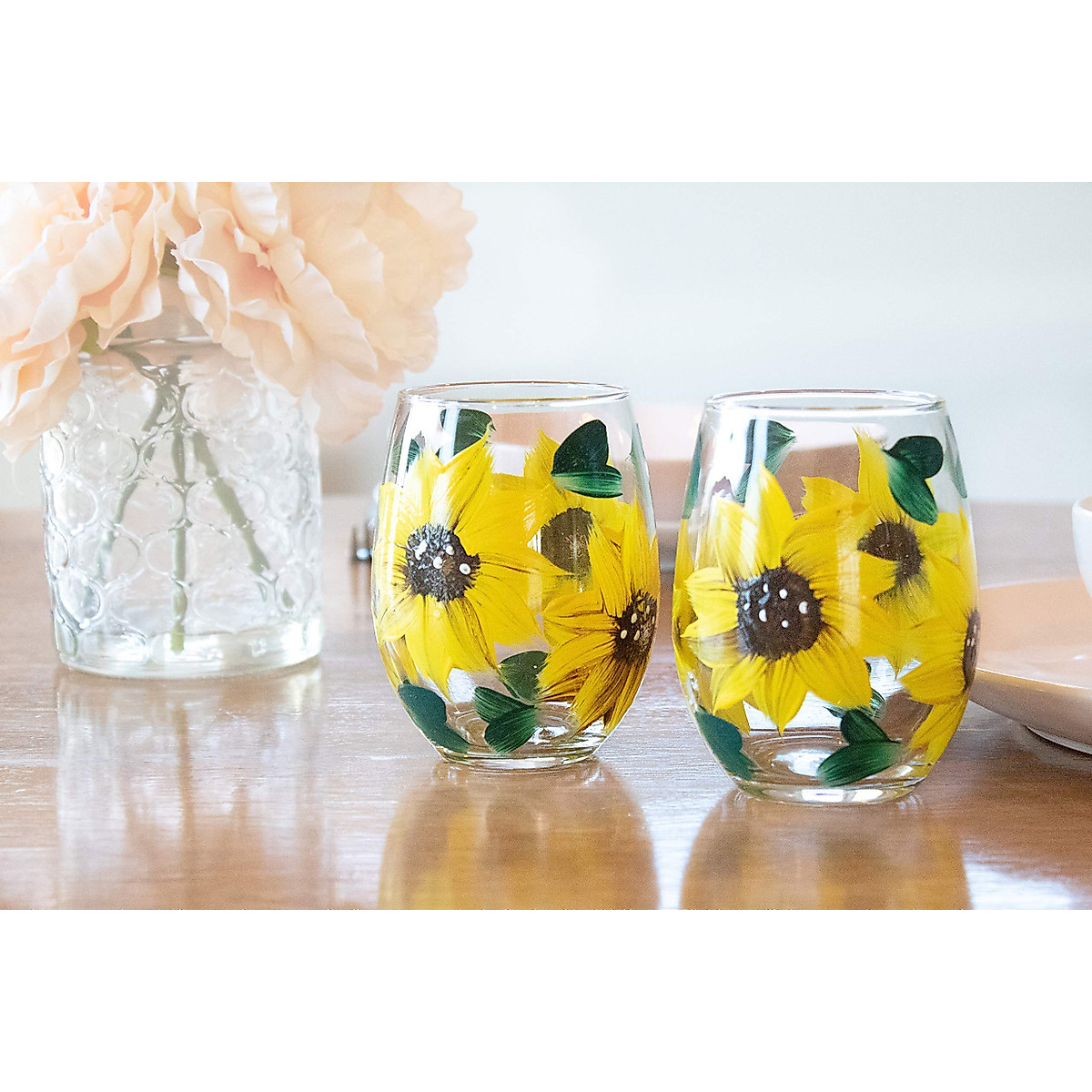 Sunflower Gift Idea | Sunflower Wine Glasses Set Of 4 | Hand Painted Stemless Wine Glasses, Sunflower Wedding Favors