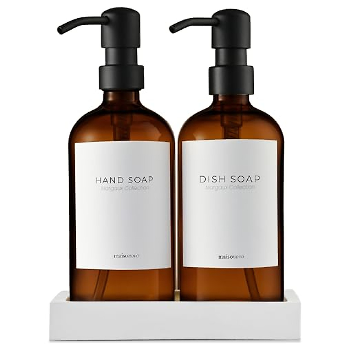 MaisoNovo Shampoo and Conditioner Dispenser with Wall Mounts - 2 Amber Bottles + Concrete Tray