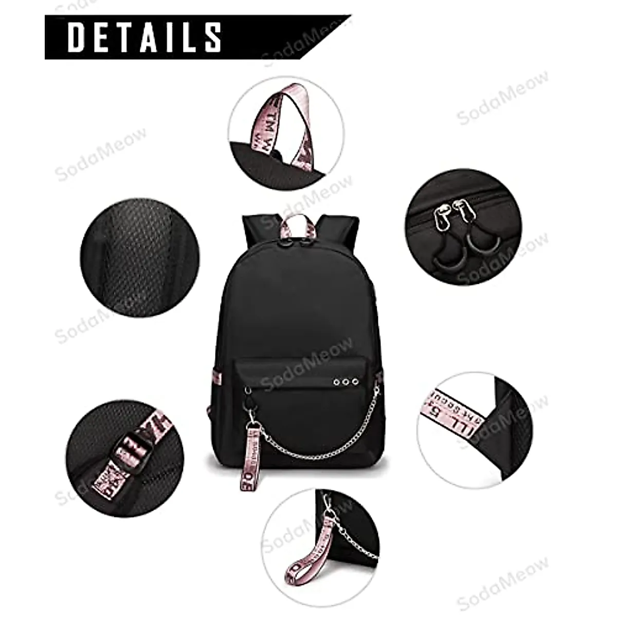 SodaMeow Anime Backpack for School Bag Nezuko Bookbag Tanjiro Kimetsu no Yaiba, Free Keychain, with USB Charging Port (Black-B)