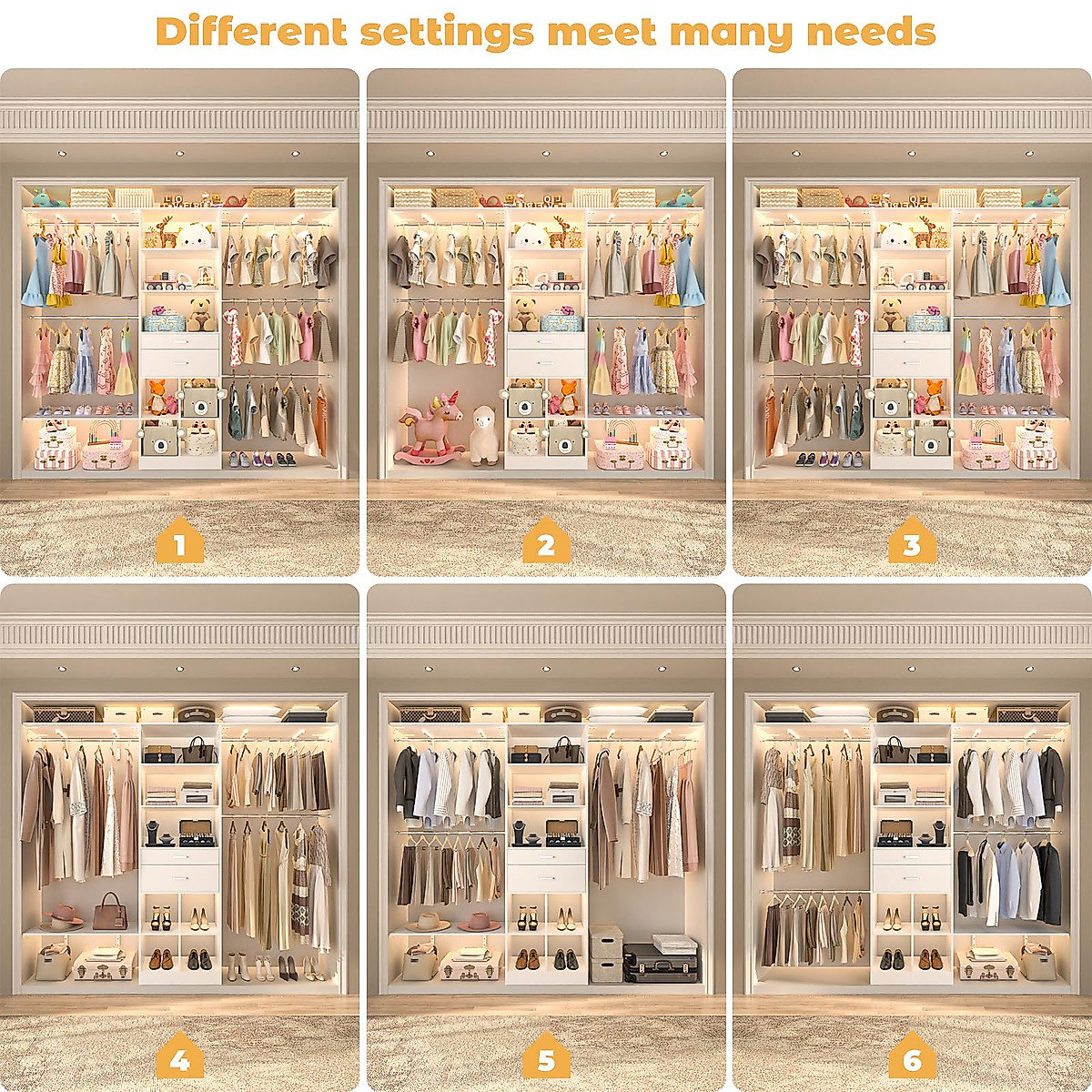 Besiost Closet System - 4.75-8FT Closet Organizer System with Wooden Drawers & Cube Storage Organizer, Up To 96" Closet Systems for Nursery & Walk-In Closets with Cuttable Hanging Shelving, White