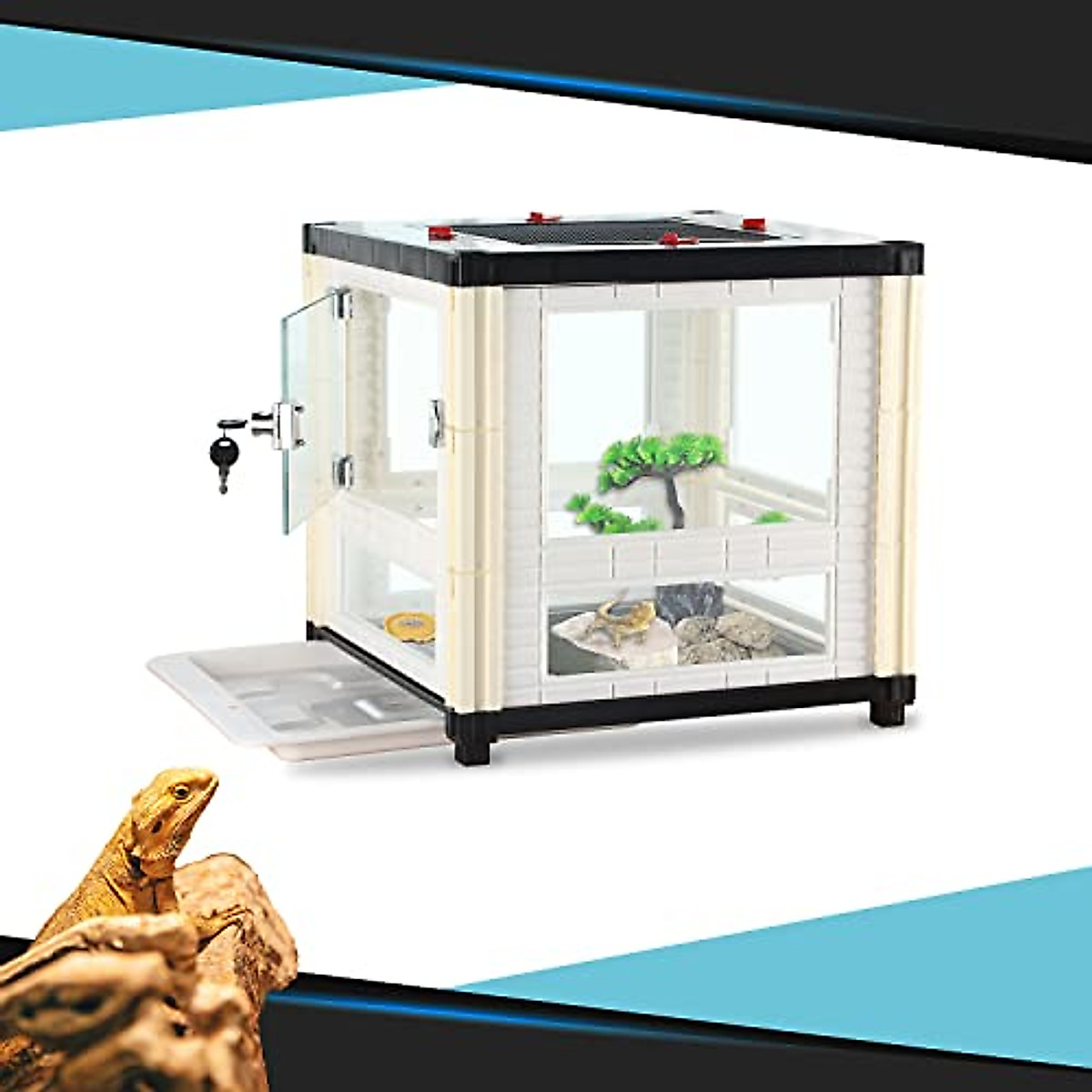 crapelles [Large Reptile Tank], Pet Cage Terrarium with Glass Window, Front Opening Door with Top Screen Ventilation, Reptile Terrarium Habitat for Reptiles Amphibian 15.7" x 15.7" x 15.7"(Knock-Down)