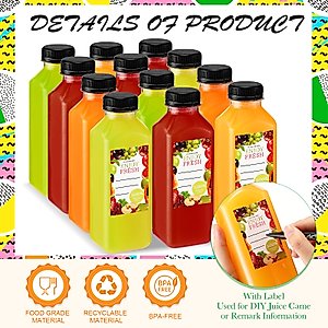 Skylety 200 Pcs Plastic Juice Bottles with Lids, Empty Clear Juice Bottles with Caps and Label, Juice Storage for Fridge with 2 Pcs Funnel and 2 Pcs Brush Beverage Containers for Juicing Milk (16 oz)