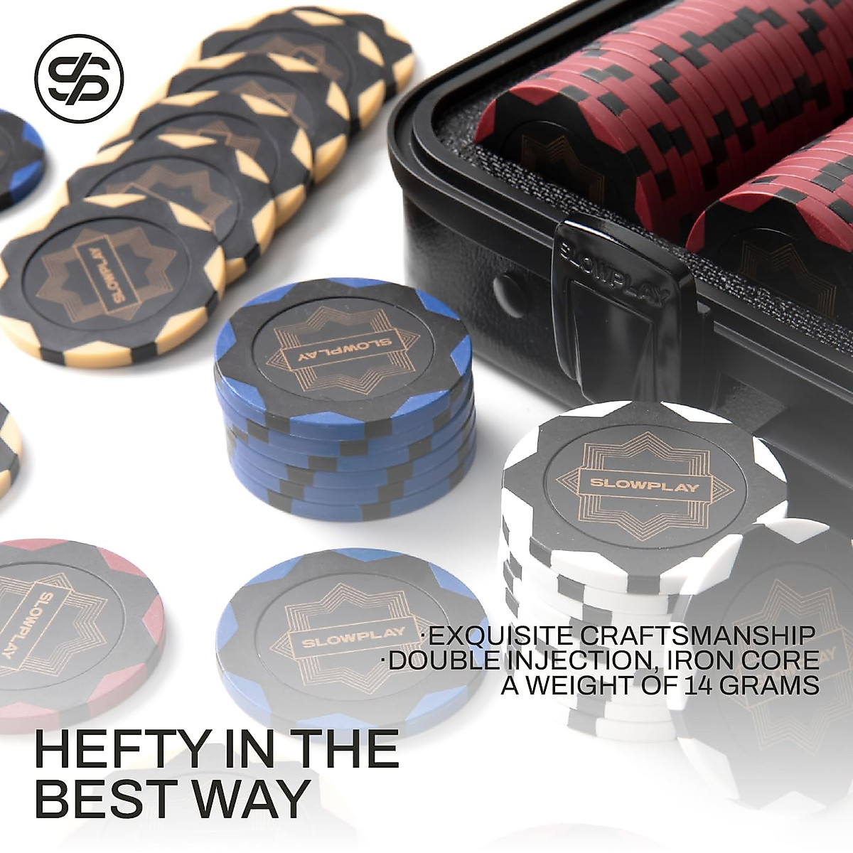 SLOWPLAY 14g Clay Poker Chips Set for Texas Hold'em, 500 PCS, with Numbered Values, Art Deco Style, and Carrying Case