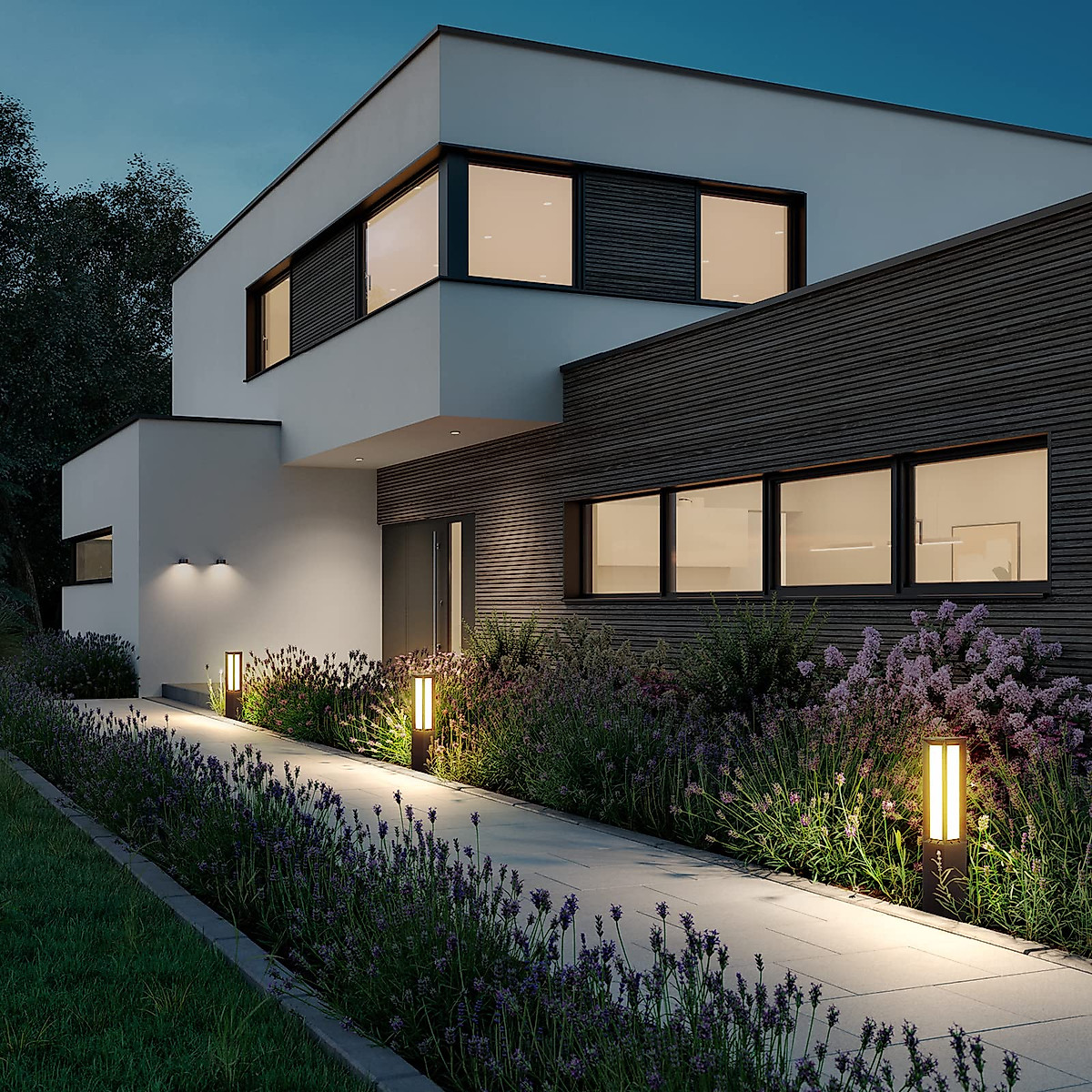 Linkmoon Solar Landscape Path Light, Stainless Steel 3W 350LM Luxury LED Lighting, 32 Inches Modern Outdoor Bollard Lighting for Lawn, Patio, Courtyard and Driveway Decoration