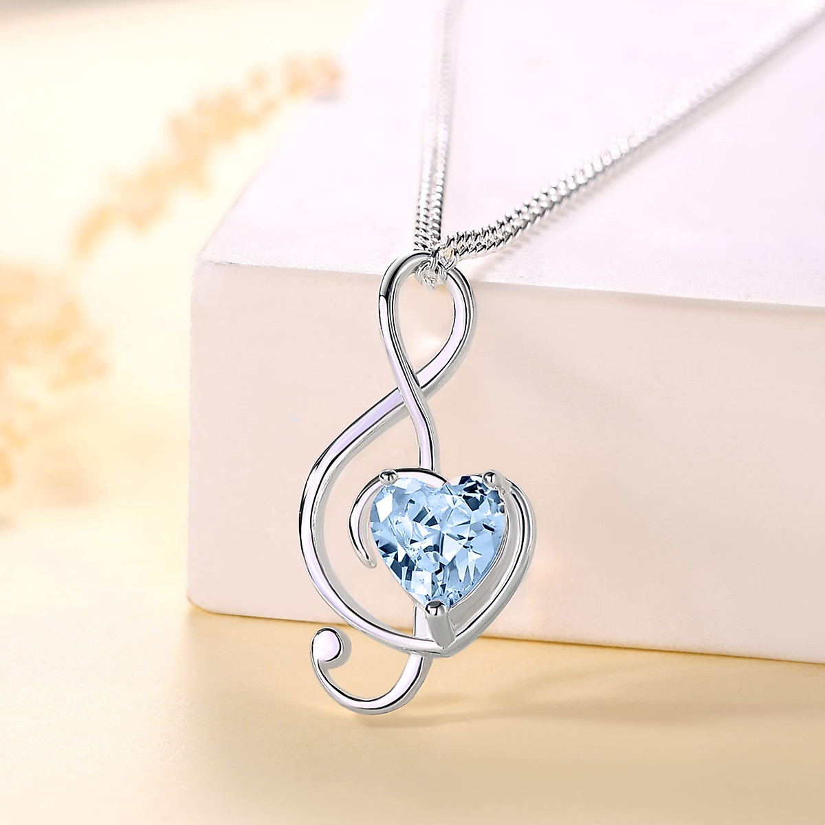 White Gold 925 Sterling Silver Blue Aquamarine Heart Treble Bass Clef Music Lovers Note Pendant Necklaces for Women Men March Birthstone Musical Rock Jewelry Birthday Mother Day Christmas Gifts