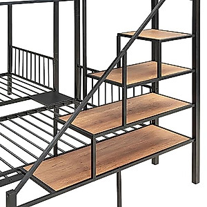 ATY L-Shaped Triple Bunk Beds with 2 Drawers, Full Over Twin & Twin Bunkbeds w/Storage Staircase, Metal Bedframe for 3 People, Save Space, Bedroom & Dorm Supplies, No Spring Required Needed, Black