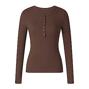 Grunge Clothes for Women Y2K Tops Long Sleeve Fairy Grunge Aesthetic Shirts Teen Girls Vintage Graphic Tees Fall (Solid Button Neck Brown, M)