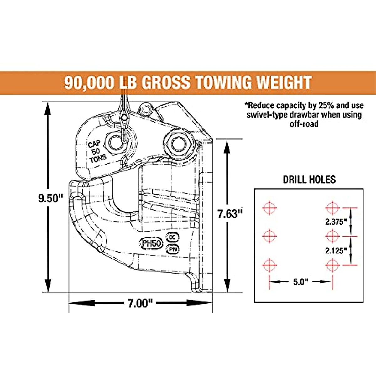 Buyers Products PH50 50 Ton Capacity 6-Hole Mount Air Compensated Pintle Hook, Black