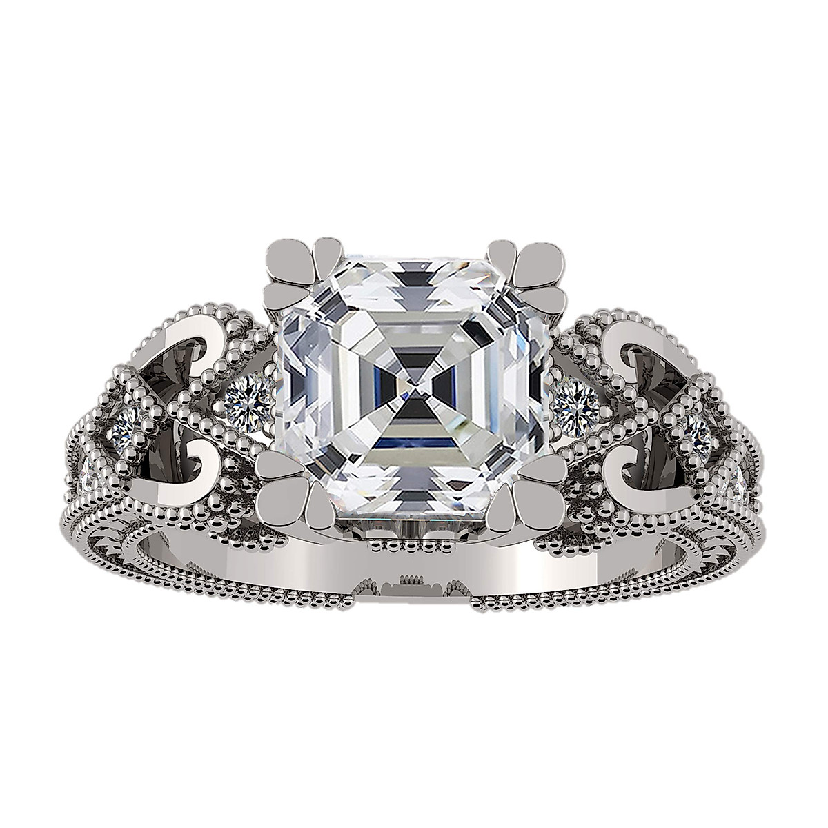 Central Diamond Center Asscher Cut Engagement Ring, Pure Brilliance Cubic Zirconia, Vintage Look - Platinum Plated - Size 9