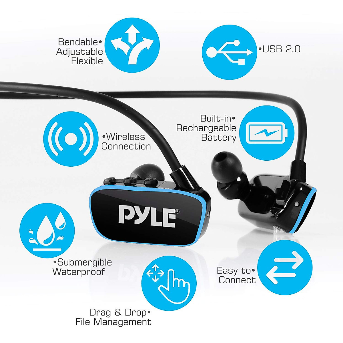Pyle Waterproof MP3 Player Swim Headphone-Submersible IPX8 Flexible Wrap-Around Style Headphones Built-in Rechargeable Battery USB Connection w/4GB Flash Memory&Replacement Earbuds-Pyle PSWP6BK