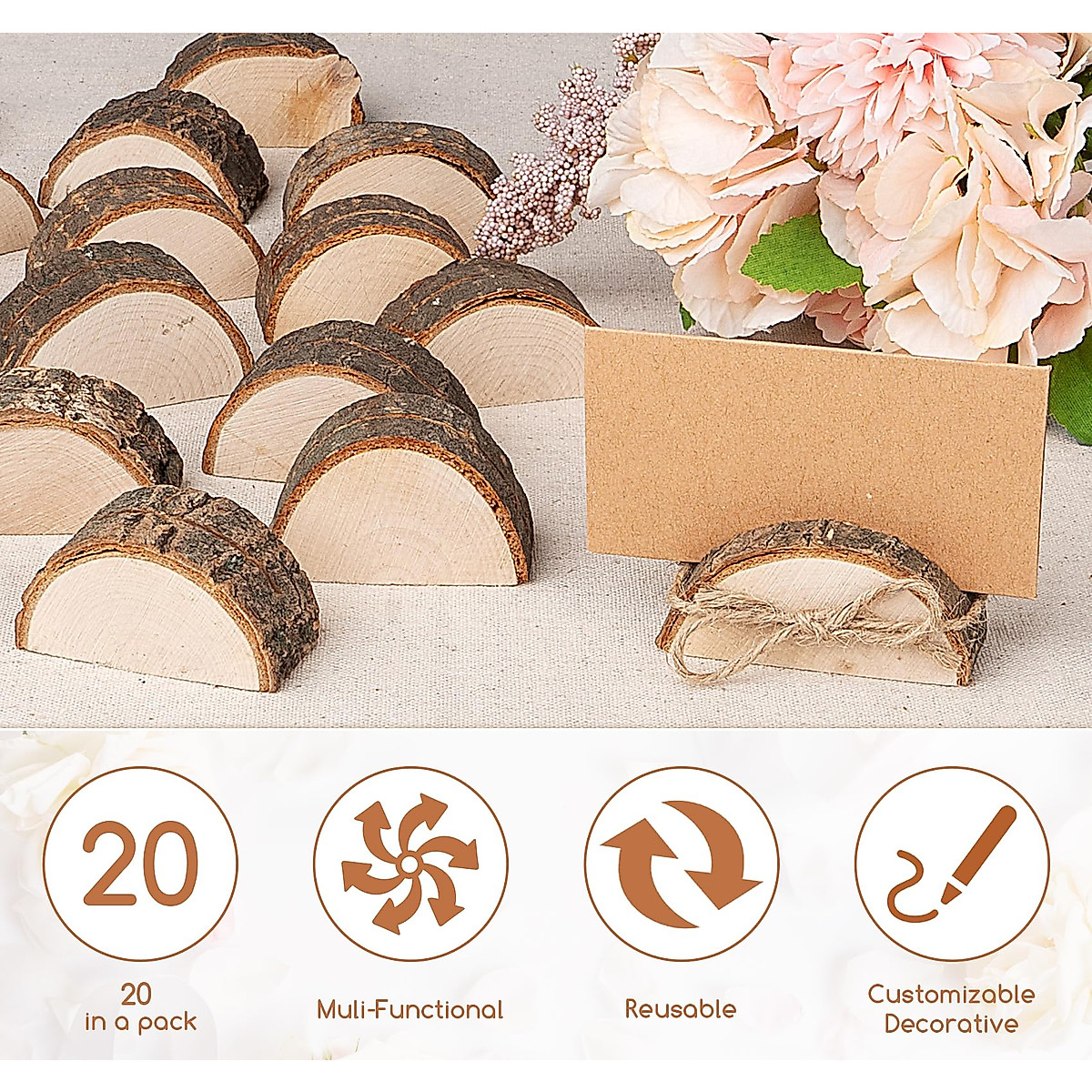 20 Premium Wood Place Card Holders, Rustic Mini Table Number Holders with 20 Kraft Table Place Cards and 50 m Natural Jute Rope, Table Sign Stand, Name Card Photo Picture Holders for Wedding Party