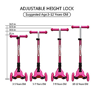 ChromeWheels Scooters for Kids, Deluxe Kick Scooter Foldable 4 Adjustable Height 132lbs Weight Limit 3 Wheel, Lean to Steer LED Light Up Wheels, Best Gifts for Girls Boys Age 3-12 Year Old, Pink