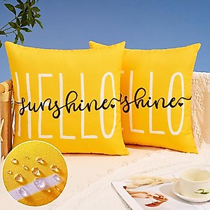 DFXSZ Outdoor Pillow Covers 16x16 Inch Set of 2 Hello Sunshine Decor Yellow Waterproof Throw Pillow Covers Summer Outdoor Waterproof Pillow Covers Decor for Patio Funiture Garden Sofa Couch 020B16