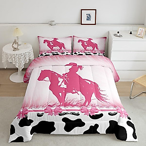 Erosebridal Cowgirl Western Bed in a Bag Queen Comforter Set 7 Piece,Pink Cowhide Bedding Sets Black and White Cow Print Sheet Set with Comforter Cowboys Gifts for Women,Horse Gifts for Girls