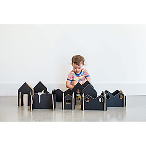 THE FRECKLED FROG Happy Architect - Create 'N’ Play - Set of 28 - Ages 2+ - Wooden Blocks for Preschoolers and Elementary Aged Kids - Construct Buildings, Towns and Cities - Blackboard Surfaces