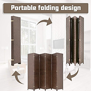 6-Panel Room Divider Folding Screen Wooden Partition, 6 ft. Tall Weave Fiber Extra Wide Foldable Panels Wall Divider Double Hinged Privacy Outdoor/indoor Divider for Home Office Dorm Decor - Brown