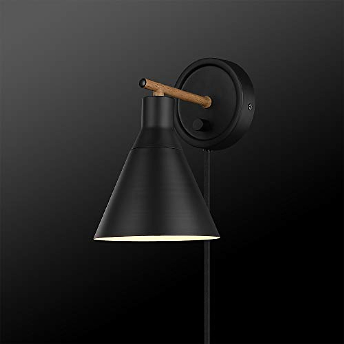 Globe Electric 51725 1-Light Dimmable Plug-in or Hardwire Wall Sconce, Matte Black, Faux Walnut Accent, Stepless Dimming Rotary Switch on Canopy, Black Fabric Cord, Wall Lights for Bedroom Plug in