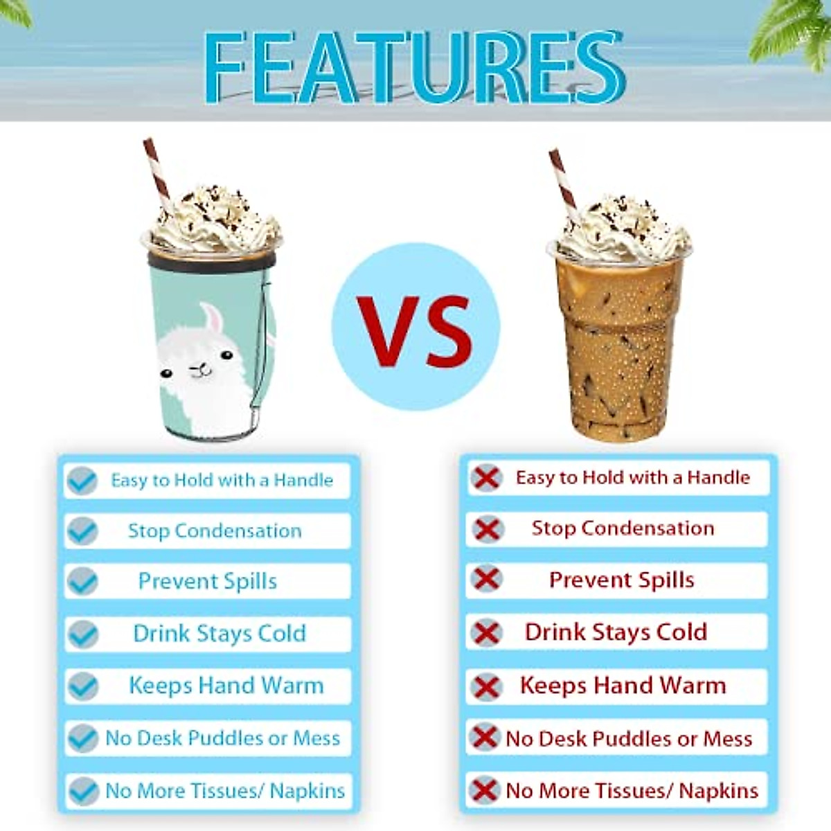 Reusable Iced Coffee Cup Sleeve Kawaii Llama Animal Neoprene Insulated Sleeves Cup Holder with Handle Tumbler Sleeve Insulator Sleeves for Cold Hot Drinks Beverages 32oz