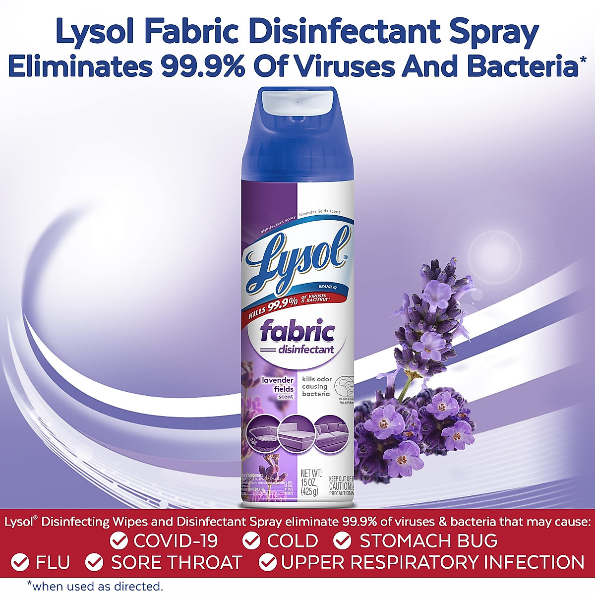 Lysol Fabric Disinfectant Spray, Sanitizing and Antibacterial Spray, For Disinfecting and Deodorizing Soft Furnishings, Lavender Fields 15 Fl. Oz (Pack of 3)