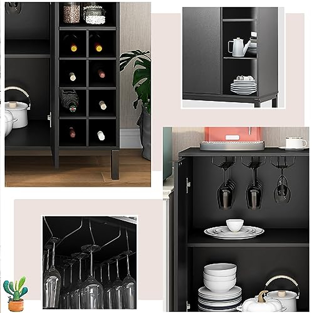 Ufyerutg Designs Bar Cabinets, Sideboards and Buffets with Storage Coffee Bar Cabinet, Wine Racks Storage Server Dining Room Console (Black, 34 Inch)