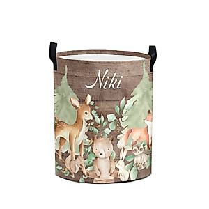 Woodland Forest Animals Round Storage Basket Personalized Name Laundry Basket Waterproof Nursery Hamper with Handle for Living Room Bedroom and Clothes