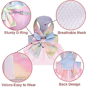 Dog Harness Dress with Leash, Princess Mesh Colorful Bow Dog Dress for Small Dogs Cats Girl Puppy Dress with D-Ring Outfits Vest Pet Clothes for Cats Puppy Small Dogs