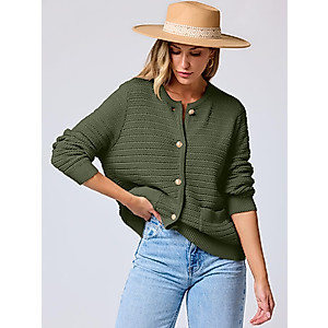 ANRABESS Women's Tweed Knit Cardigan Sweater Casual Long Sleeve Cropped Button Down Lady Jackets 2025 Spring Fashion Outwear Army Green Medium