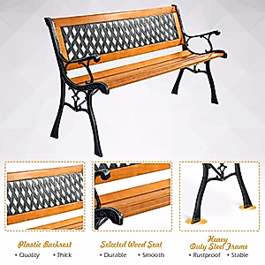 Tangkula Outdoor Garden Bench Park Bench, Patio Bench Chair with Cast Iron & Hardwood Structure, Weather Proof Porch Outdoor Furniture Loveseat, Perfect for Backyard, Deck, Lawn, Poolside