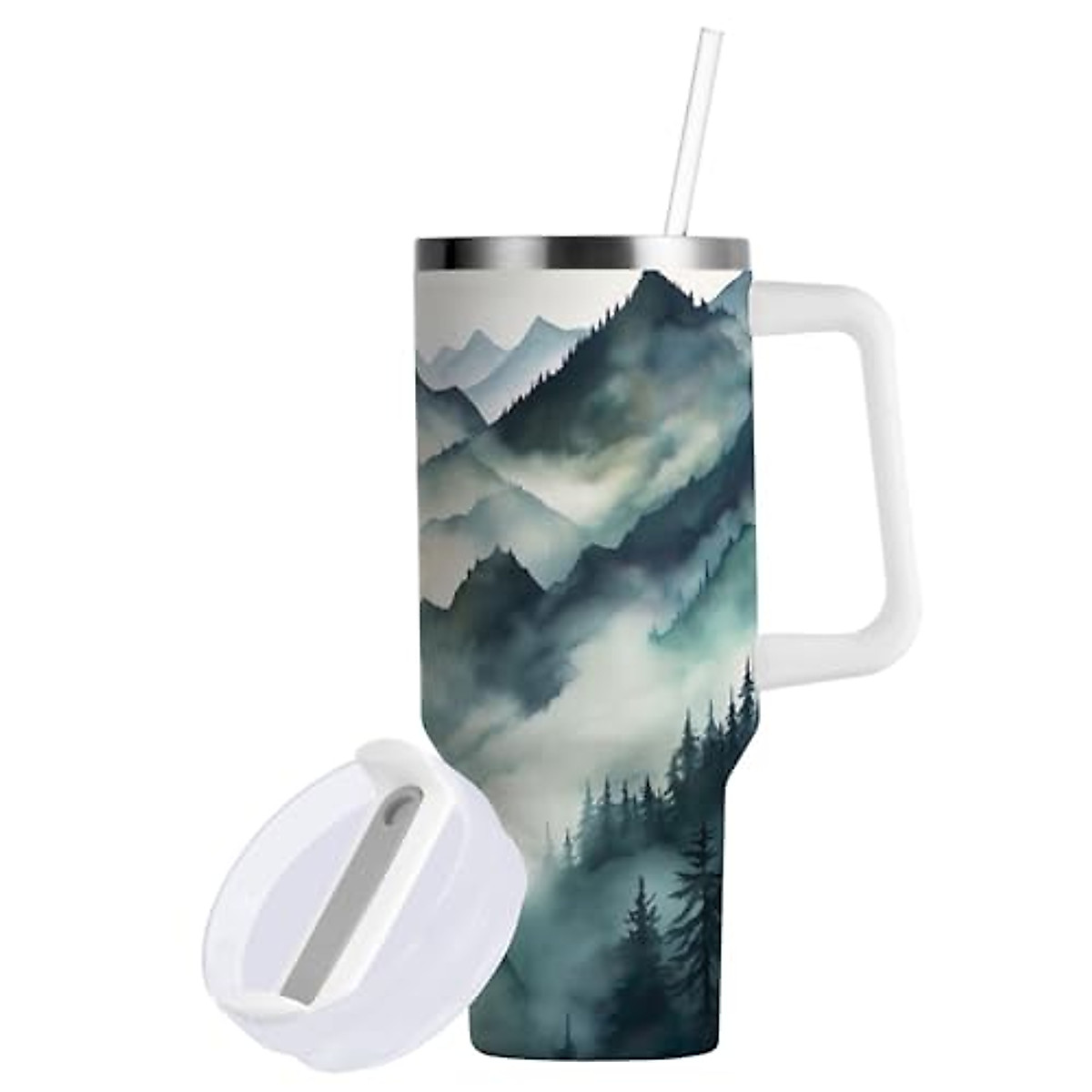 Qilmy 40 oz Mountain Forests Tumbler with Handle and Straw Lid for Water Iced Tea or Coffee, Stainless Steel Insulated Leak-proof Travel Coffee Mug Cup Gifts