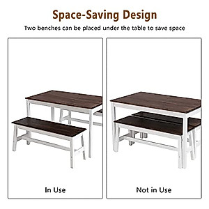 Alohappy Dining Table Set with 2 Benches, Rectangular Kitchen Table Set for 4-6 Person, Small Room Pine Wood Table for Kitchen, Dining Room, Easy Assembly (Dark Brown)
